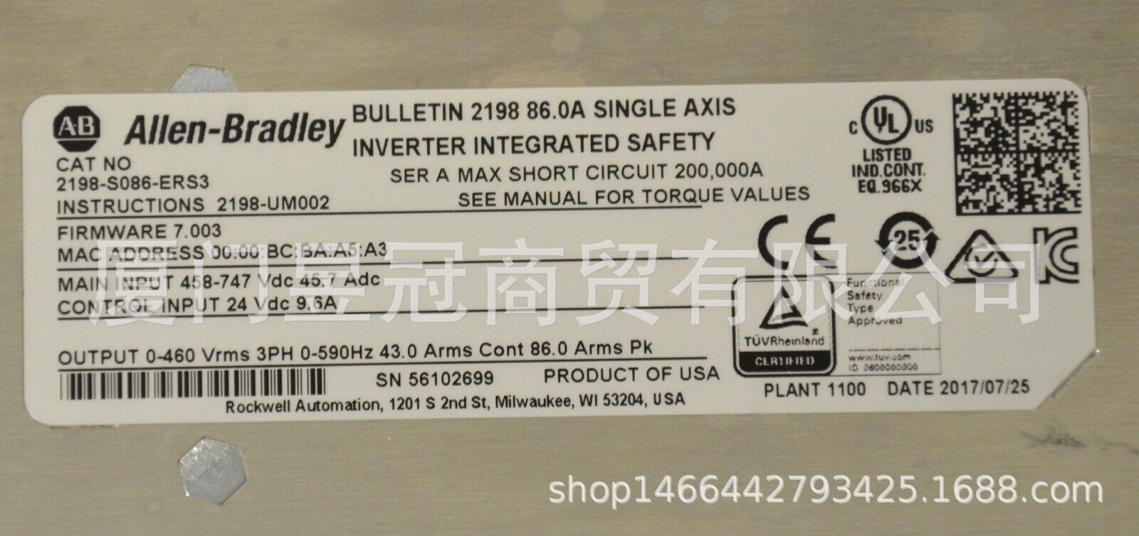 AB克罗韦尔 2198-S086-ERS3 伺服驱动器全新原装正品进口库存 产品关键词:伺服驱动器2198-s086-ers3